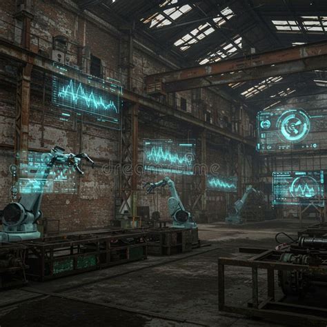 Robot Arms In A Spacious Industrial Warehouse Environment Surrounded By Digital Stock