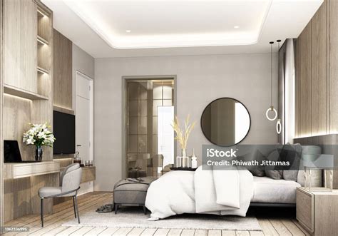 흰색 나무와 금색 강철 질감과 나무 바닥 3d 렌더링 인테리어에 창문과 얇은 커튼이 있는 회색 가구 침대가 있는 현대적인 클래식 한 침실 스타일 벽에 대한 스톡 사진 및