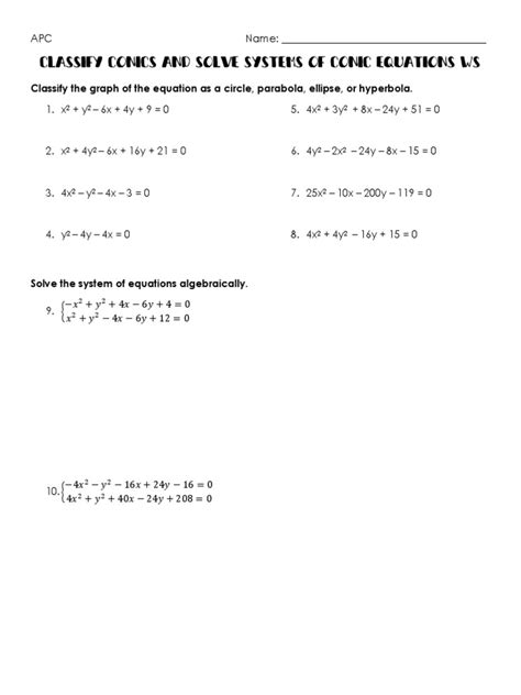 Classify Conics And Solve Systems Of Conic Equations Ws Pdf