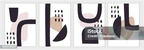 인테리어 아트 포스터 세트 미니멀리즘 예술 배너 포스터 커버에 대한 추상 템플릿 세트입니다 벡터 그림입니다 추상적인 모양 선 및 반점 간단한 평면 배경 0명에 대한 스톡