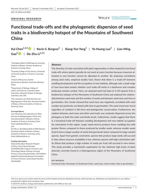 Pdf Functional Trade‐offs And The Phylogenetic Dispersion Of Seed
