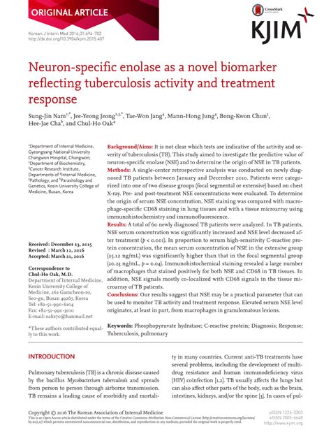 Pdf Neuron Specific Enolase As A Novel Biomarker Reflecting Tuberculosis Activity And