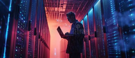 Standing In A Data Center A Male It Server Technician Specialist Holds A Laptop And Peers At
