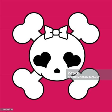 활과 십자뼈가있는 귀여운 두개골 공포 또는 할로윈을위한 티셔츠 인쇄 배경에 고립 된 만화 스타일 일러스트레이션 벡터 Eps 10