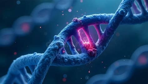 Microscope Style 3d Concept Render Of Broken Blue Dna Helix With Floating Nucleotide Fragments