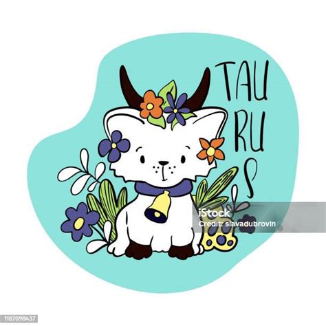귀여운 고양이 캐릭터와 황소 자리 점성술 조디악 기호 고양이 조디악 아이콘입니다 새끼 고양이 황소 자리 스티커입니다 베이비 샤워 또는 생일 인사말 5월에 대한 스톡 벡터
