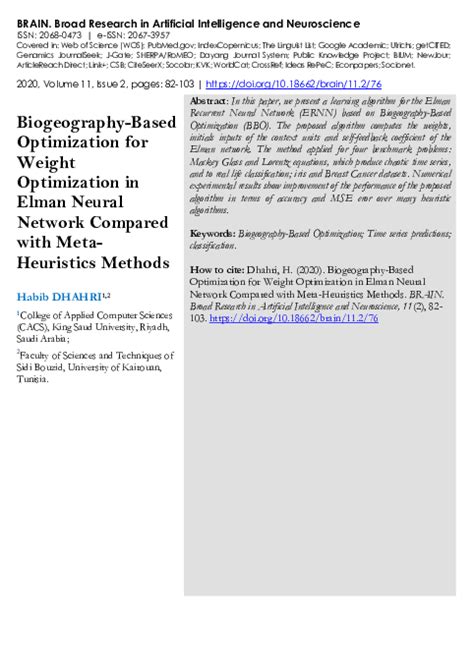 Pdf Biogeography Based Optimization For Weight Optimization In Elman