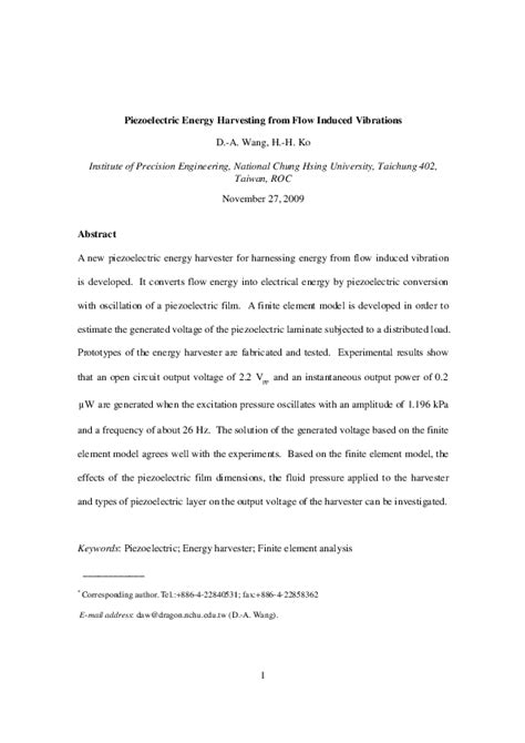 Pdf Piezoelectric Energy Harvesting From Flow Induced Vibrations