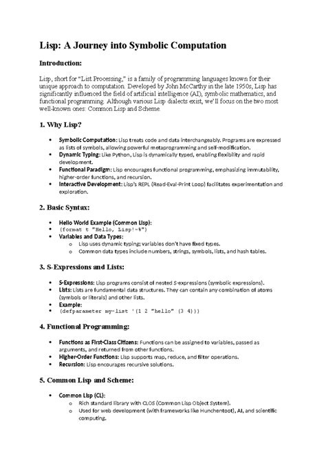 Introduction To Lisp Cs Fundamentals Lisp A Journey Into Symbolic Computation Introduction