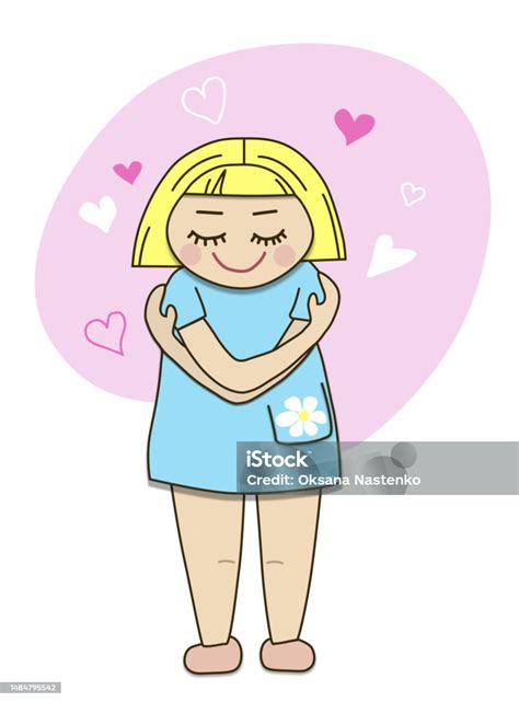 자기 관리 자기 사랑 또는 신체 긍정적 개념 자신을 껴안고 있는 행복한 여자 건강한 생활방식에 대한 스톡 벡터 아트 및 기타