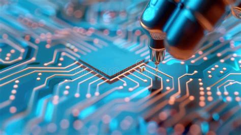 3d Illustration Of Robotic Arm Assembling Chips On A Circuit Board