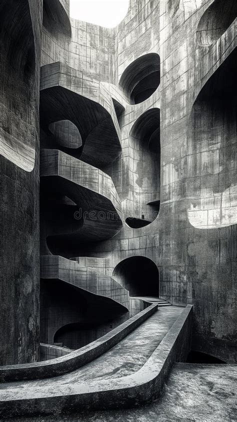 Abstract Concrete Architecture With Curved Stairs In A Dimly Lit Interior Space Generative Ai