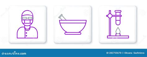 Set Line Glass Test Tube Flask On Fire Heater Assistant And Mortar And Pestle Icon Vector