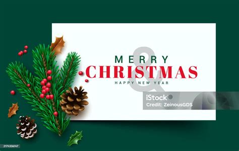 메리 크리스마스 인사말 벡터 템플릿 디자인 소나무 잎 호랑가시나무 빨간 열매 및 가문비 나무 요소가 있는 흰색 프레임에 크리스마스 인사말 텍스트 12월에 대한 스톡 벡터