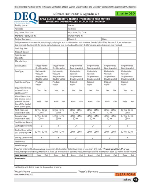 Montana Spill Bucket Integrity Testing Hydrostatic Test Method Single
