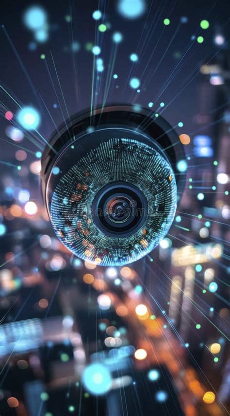 Futuristic Security Camera With Glowing Data Streams Over Night City Stock Illustration
