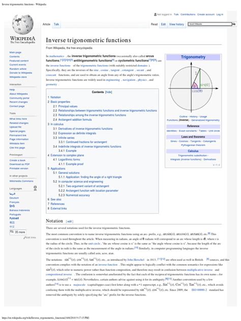 Inverse Trigonometric Functions Wikipedia Pdf Trigonometric