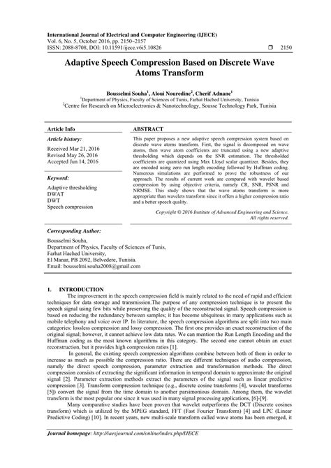 Pdf Adaptive Speech Compression Based On Discrete Wave Atoms Transform