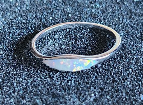 Sterling Silver Lab Created Opal Ring 925 Inlay Stackable Ring Size 8