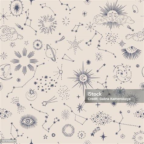 공간 배경입니다 별 조디악 별자리 태양 행성 혜성과 달과 별의 원활한 패턴 프리핸드 드로잉 선 드로잉 스케치 스타일 드로잉에 대한 스톡 벡터 아트 및 기타 이미지 Istock