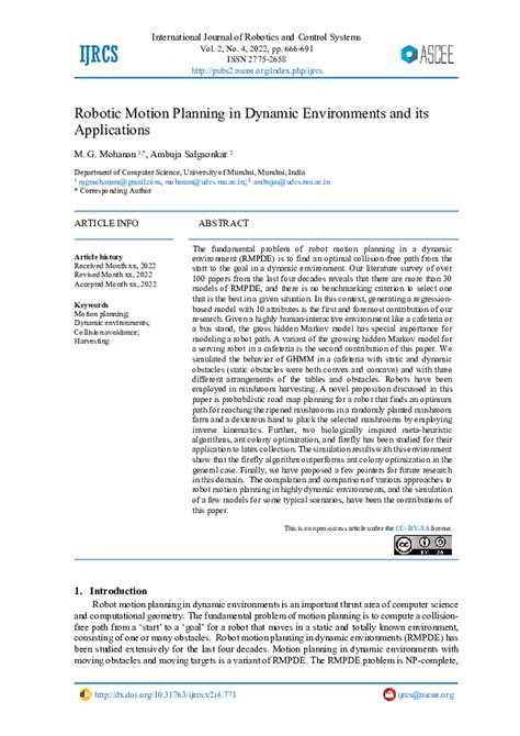 Pdf Robotic Motion Planning In Dynamic Environments And Its Applications
