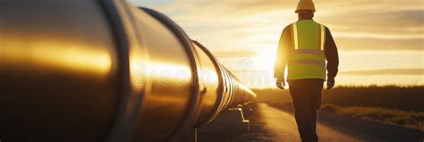 Infrastructure Worker Walking Along A Pipeline At Sunset Oil And Gas
