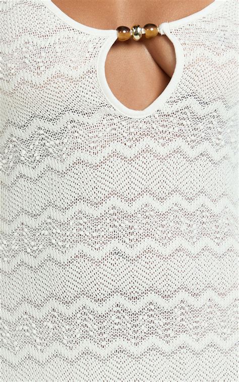 Bonnie Mini Dress Beaded Keyhole Neckline Long Sleeve Dress In Ivory