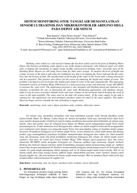 Pdf Sistem Monitoring Stok Tangki Air Memanfaatkan Sensor Ultrasonik Dan Mikrokontroler