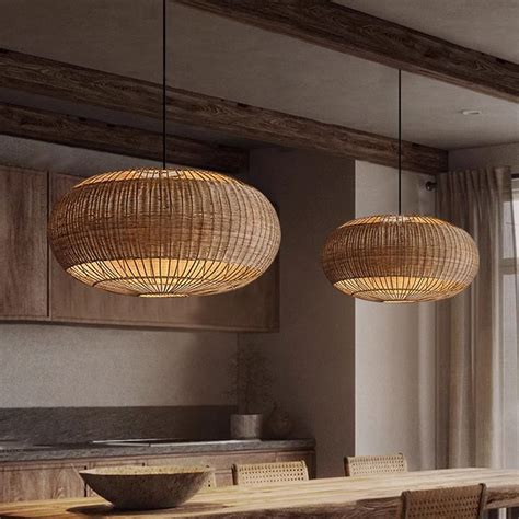 Natural Rattan Bamboo Boho Style Pendant Light For Dining Room Living
