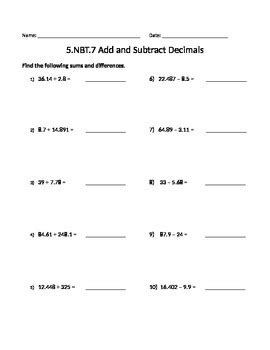 5 NBT 7 Test Add And Subtract Decimals By Ashley Babece TPT