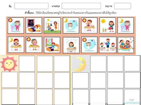 ใบงานจัดหมวดหมู่กิจวัตรประจำวันตอนกลางวันและกลางคืน ใบงานเชิงโต้ตอบ Topworksheets