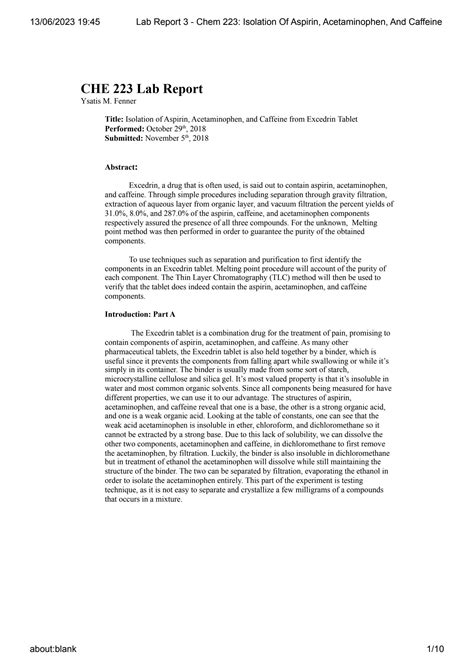 Solution Lab Report 3 Chem 223 Isolation Of Aspirin Acetaminophen And
