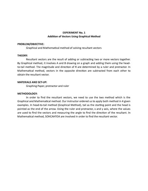 Lab Activity Graphical And Mathematical Method Of Solving Resultant Vectors EXPERIMENT No