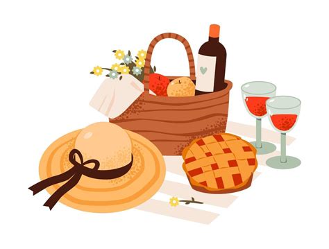 Picnic Wicker Basket With Food A Fresh Pie A Bottle Of Wine And