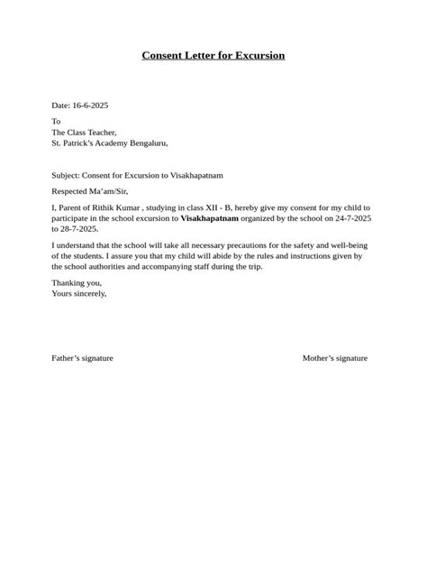Consent Letter For Excursion Pdf