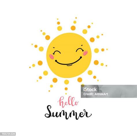 작은 귀여운 미소 태양 아이콘과 안녕하세요 여름단어와 함께 아이들을위한 티셔츠 인쇄 디자인 만화 낙서 재미 태양 얼굴 벡터 일러스트 레이션 스칸디나비아 프린트 또는 포스터