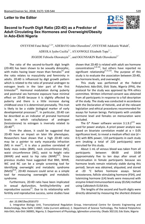Pdf Second To Fourth Digit Ratio 2d4d As A Predictor Of Adult Circulating Sex Hormones And