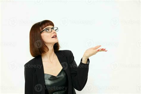 Attractive Woman Posing With Glasses A Leather Suit Black Jacket