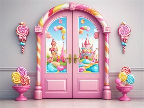 A Pink Door With A Picture Of A Candy Door And The Door Has The Word