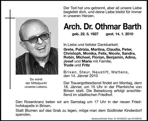 Traueranzeigen Von Othmar Barth Trauer Bz