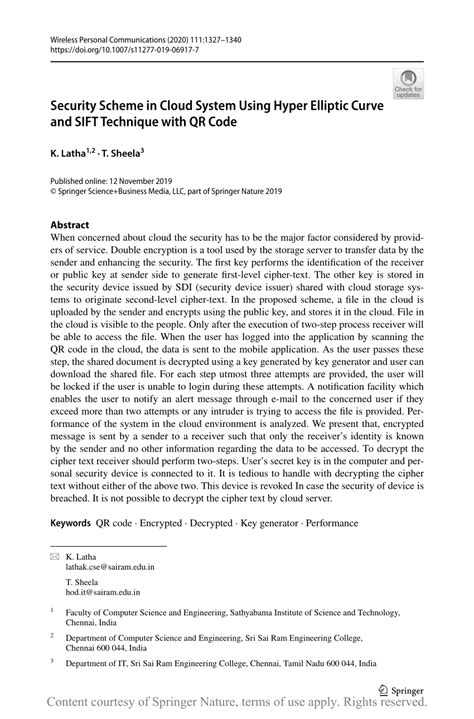 Security Scheme In Cloud System Using Hyper Elliptic Curve And Sift Technique With Qr Code