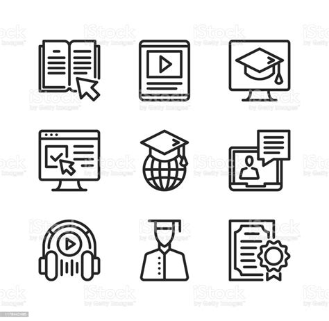 온라인 학습 라인 아이콘입니다 원격 교육 전자 학습 온라인 비디오 디지털 자습서 강의 수업 E러닝 개념 간단한 윤곽 선 기호 현대 선형 그래픽 요소 컬렉션입니다 벡터 선