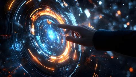 Hand Interacting With Futuristic Interface Of Glowing Circular Hub