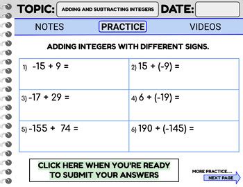 Interactive GOOGLE SLIDES Template For Distance Learning Add Subtract Integers