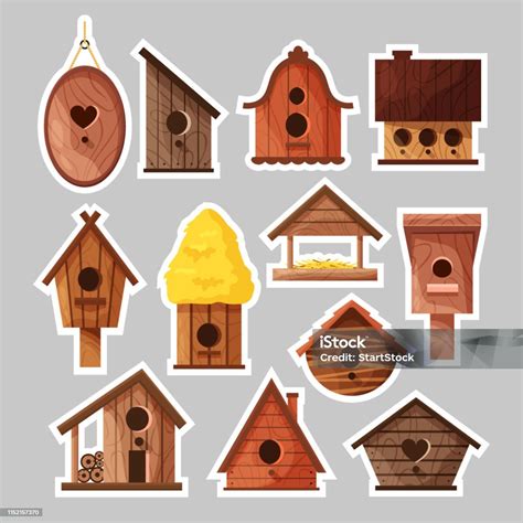새 상자 스티커의 집합입니다 다른 나무로 되는 수 제 새 집 새를 위한 만화 집에서 만드는 둥지 상자 벡터 일러스트 레이 션