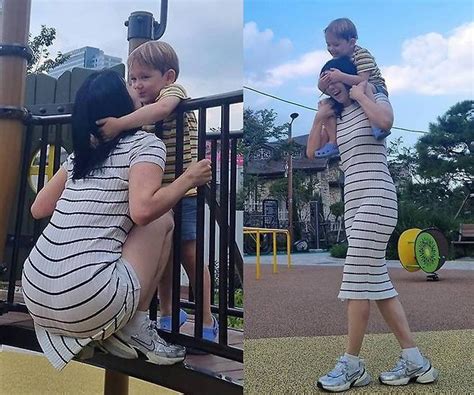 사유리 ♥아들과 사랑이 넘치는 스트라이프 시밀러룩 친구 같은 모자의 놀이터 패션