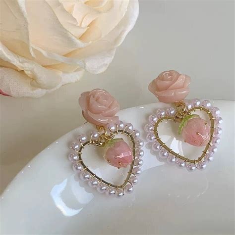 Rose Hoop Earrings Romantic Heart Earrings Pink Flower Etsy
