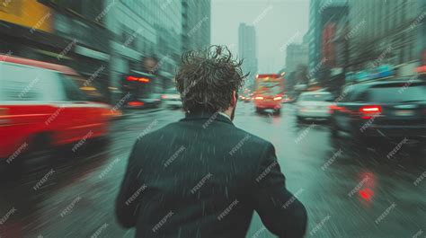 Man Running Through A Busy City Street In The Rain Premium Ai