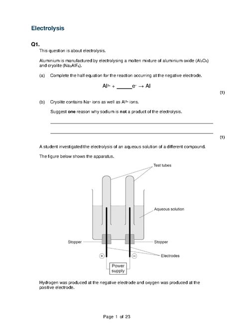 Aqa Chemistry Gcse Required Practical 3 Electrolysis Mark Scheme Studocu