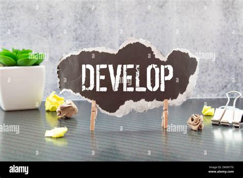 Develop Word Written On Wood Block Develop Text On Cement Table For Your Desing Concept Stock